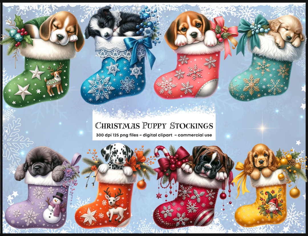 Christmas Puppy Stocking, Cute Watercolor Dog Clipart, Holiday, Festive ...