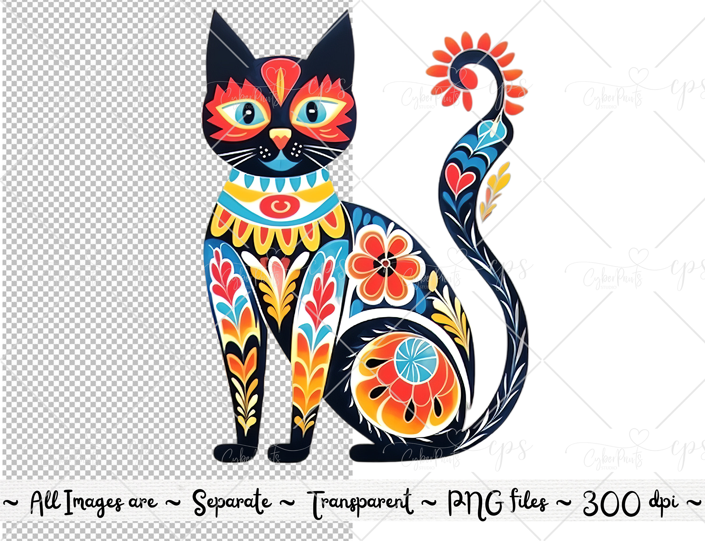 Vibrant Catclipart Colorful Cat PNG Detailed Cat Floral - Etsy