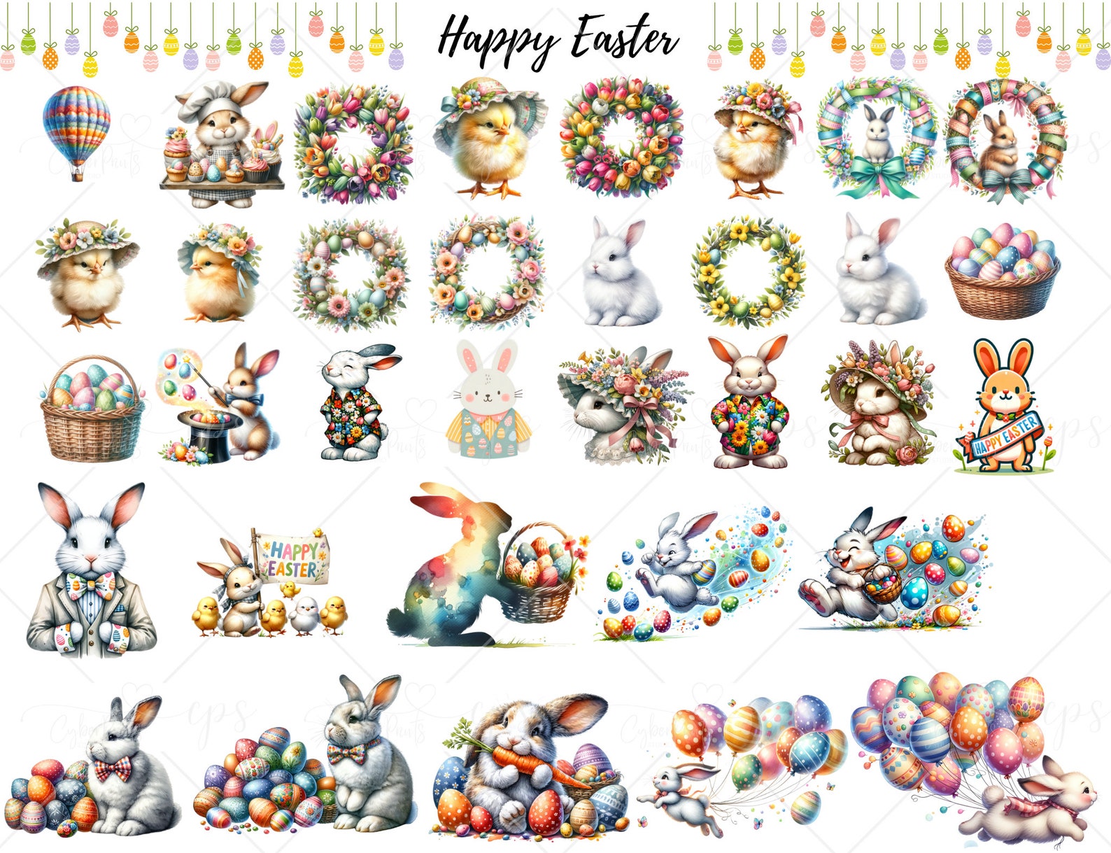 Easter Watercolor Clipart Bundle, PNG Easter Bunny Images, Cute Spring ...