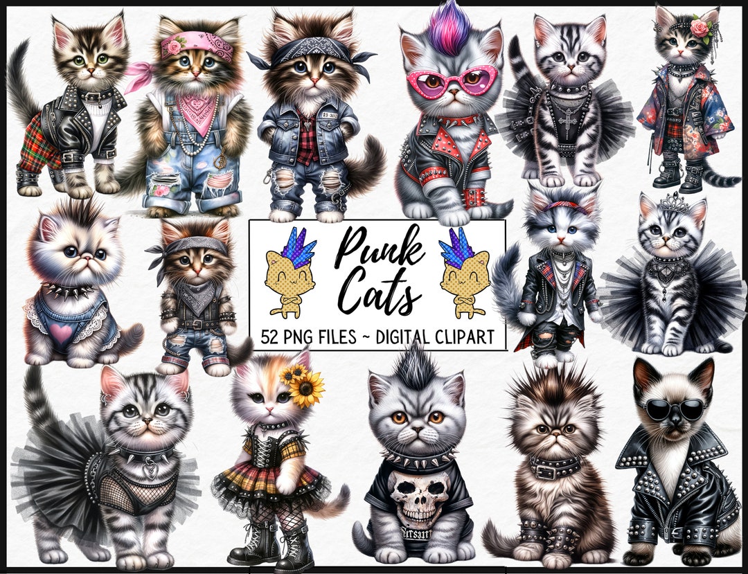 Gothic Punk Rocker Cat Illustrations, Mohawk Kitten, Clipart, Clip Art ...