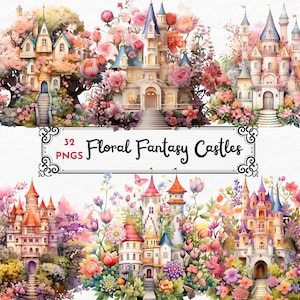 Watercolor Floral Fantasy Castles Clipart - Fantasy Castle Night ...