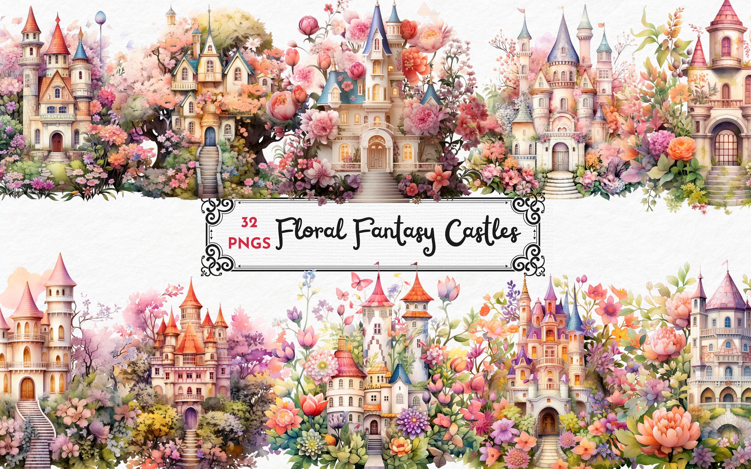 Watercolor Floral Fantasy Castles Clipart Fantasy Castle Night Scenery ...