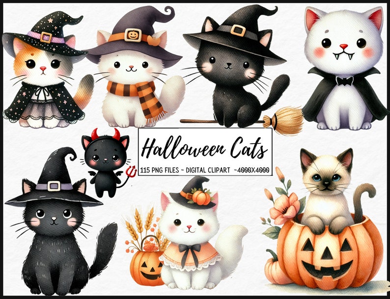 Halloween Cats Watercolor Clipart Bundle - 115 PNG Spooky Cat Images ...