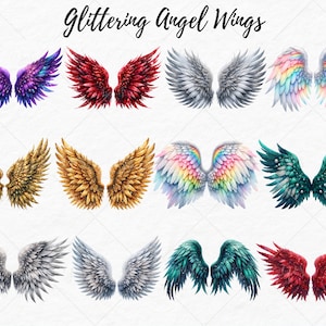 Glittering Angel Wings Clipart, Glitter Watercolor Clipart, Feather ...