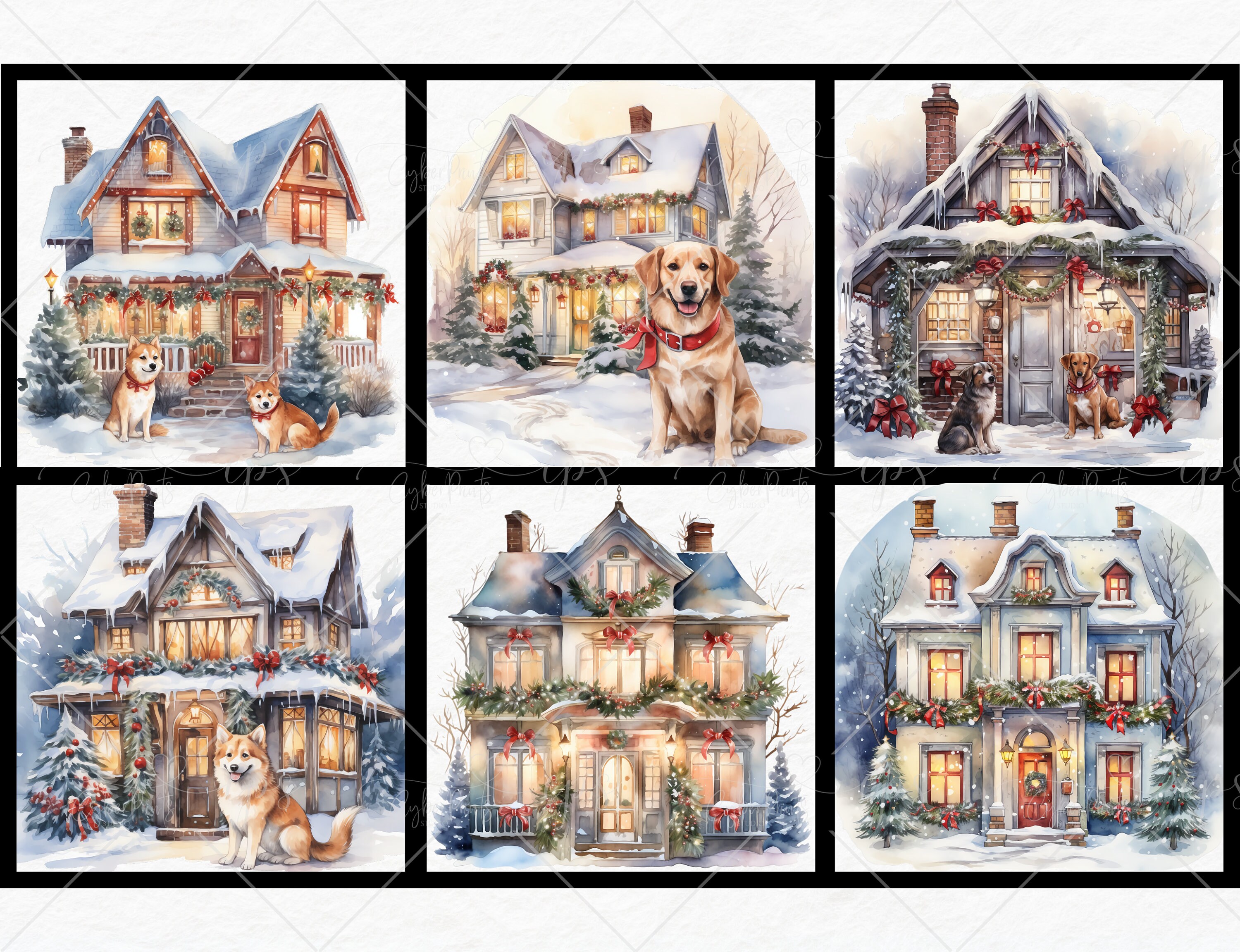 Watercolor Christmas House - Winter Houses With Christmas Decoration ...