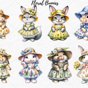 Floral Bunnies in Dresses, Watercolor Clipart Png, Rabbit, Bunny Png ...