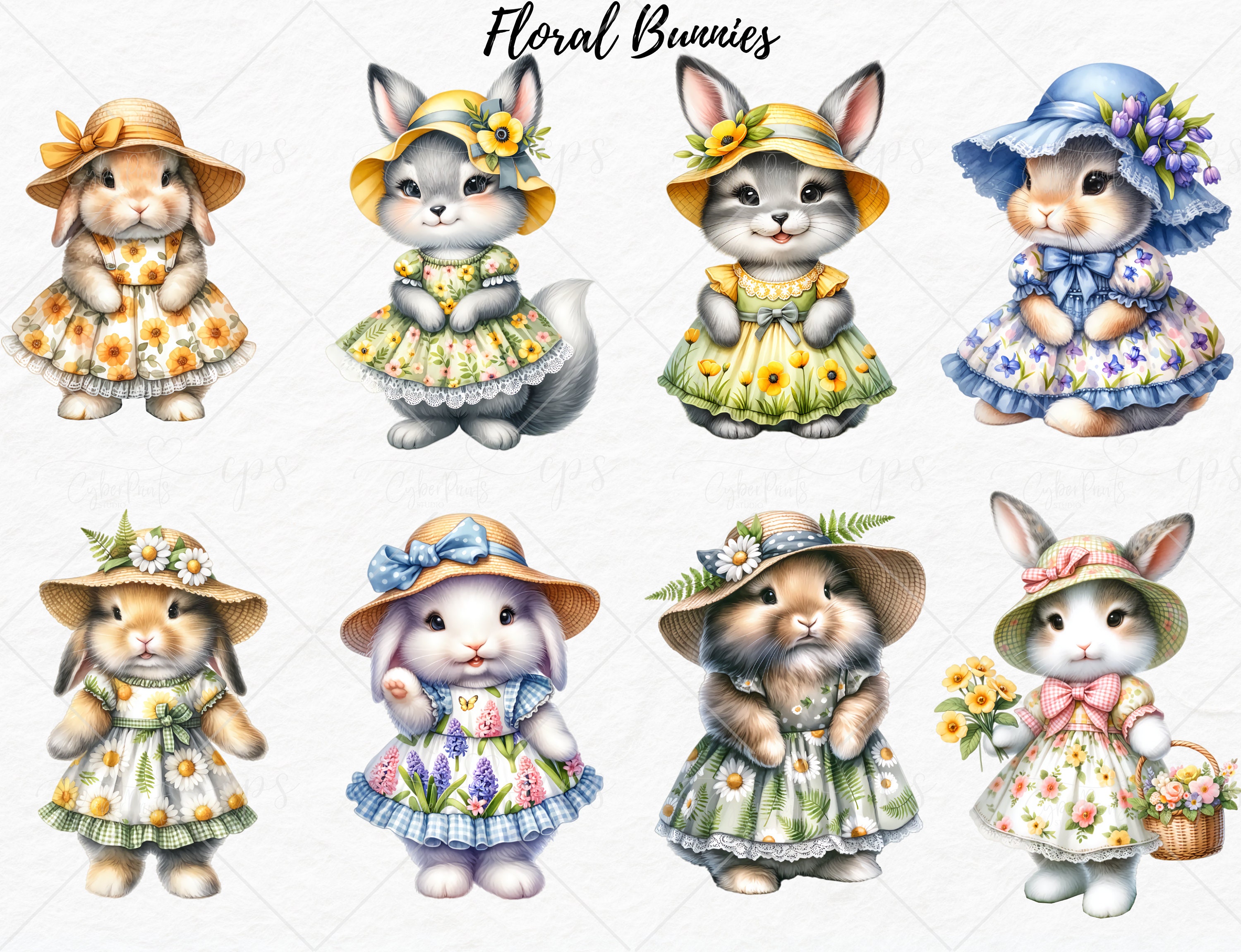Floral Bunnies in Dresses, Watercolor Clipart Png, Rabbit, Bunny Png ...