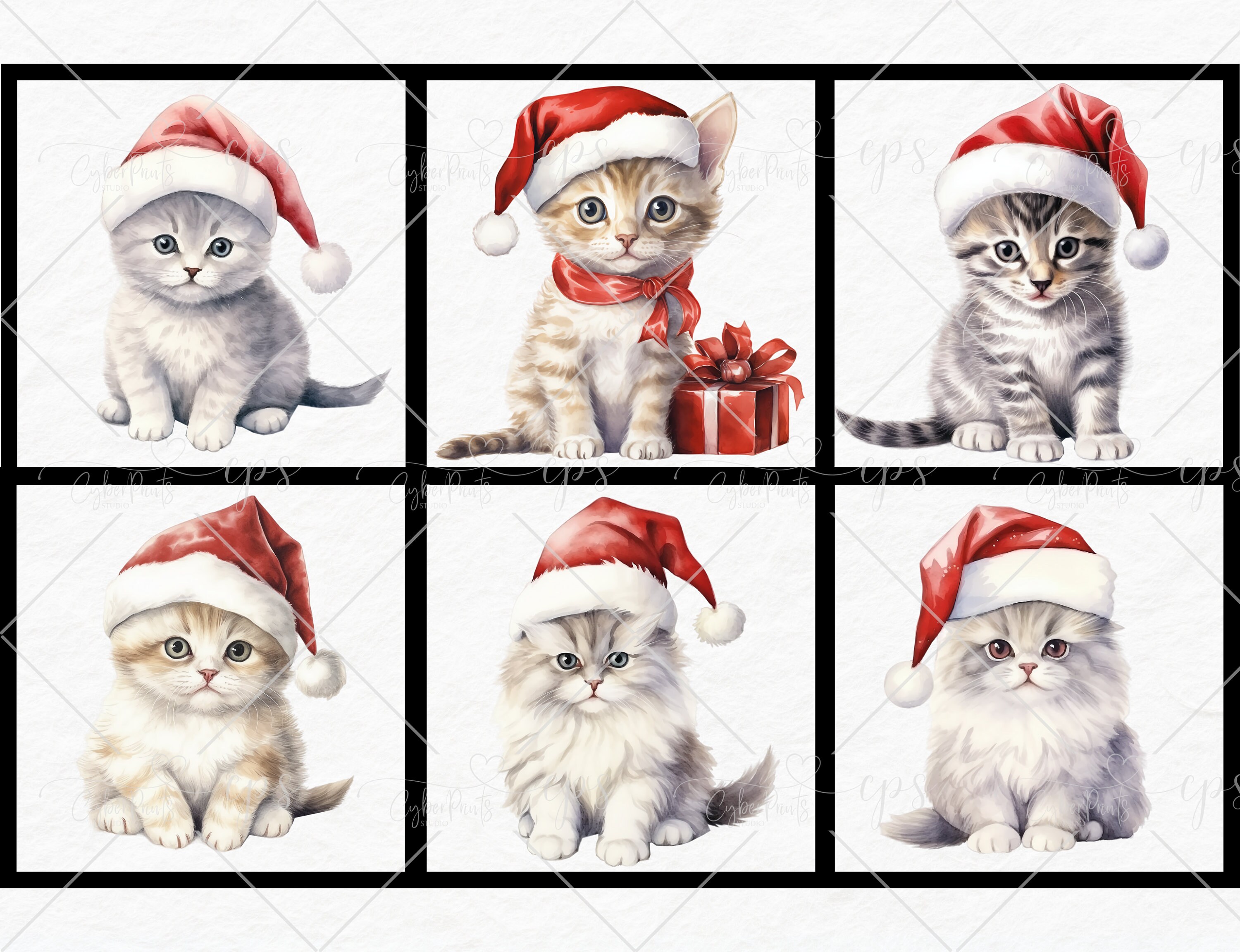 Christmas Cat Clipart Watercolor Kittens Santa Hat Winter - Etsy