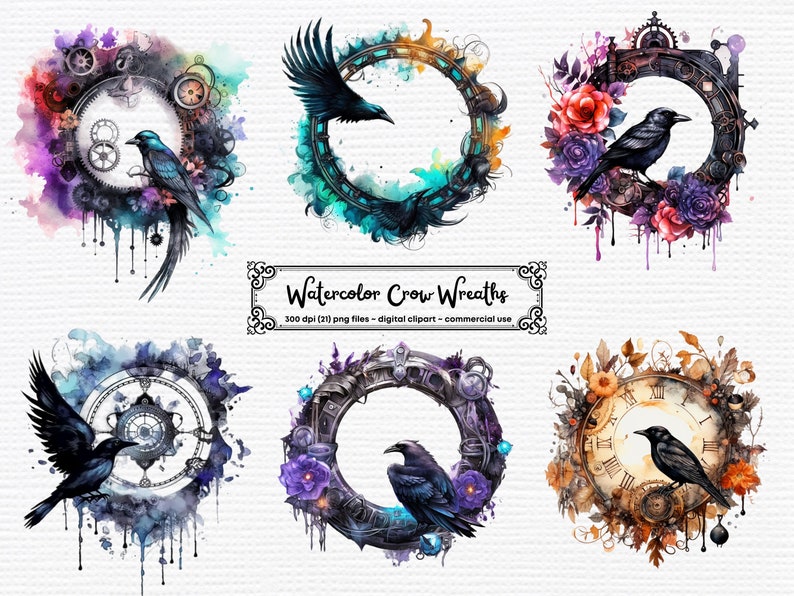 Watercolor Crow Wreaths Clipart Gothic Frames Steampunk - Etsy