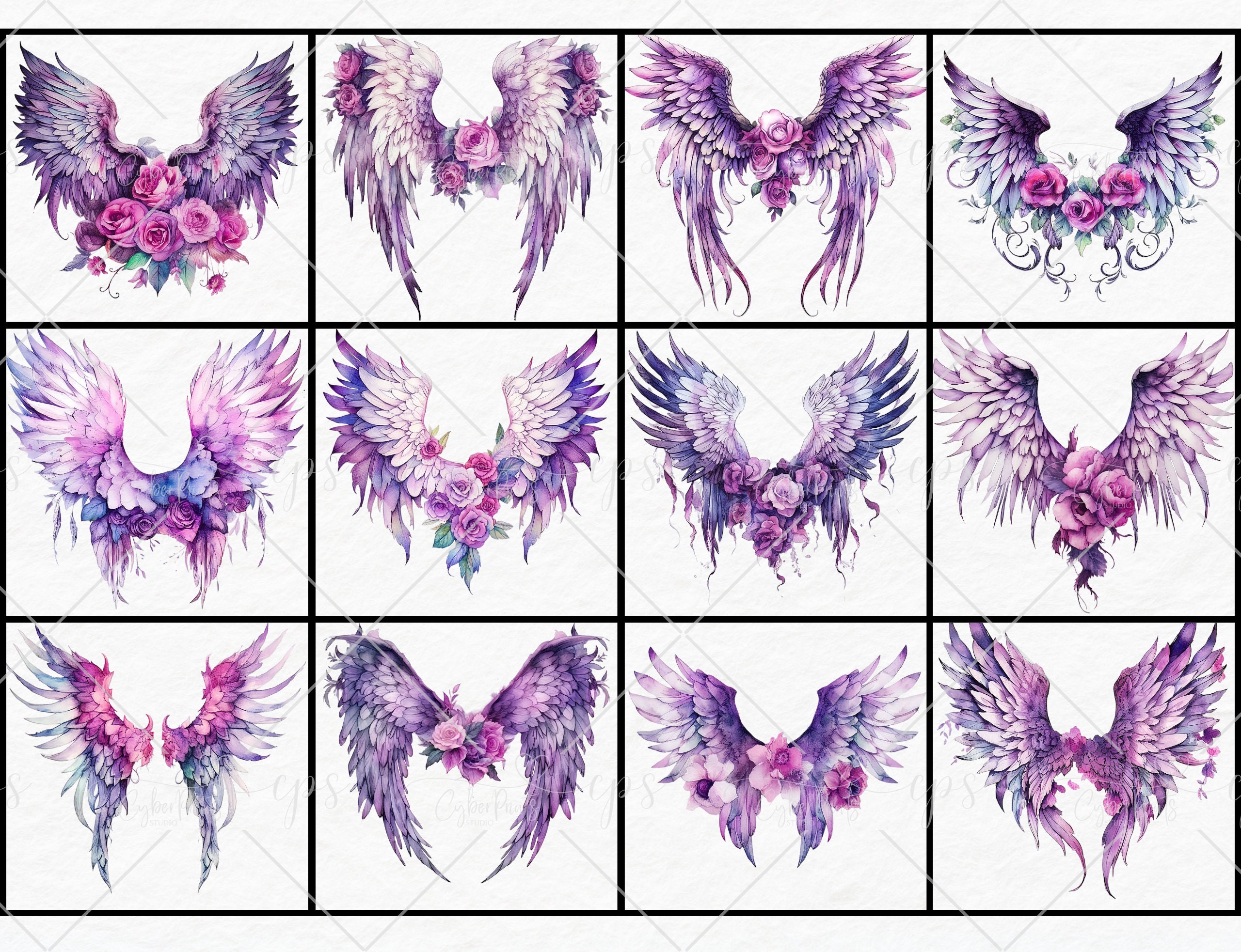 Gothic Floral Angel Wings Clipart, Watercolor Clipart, Feather Wings ...