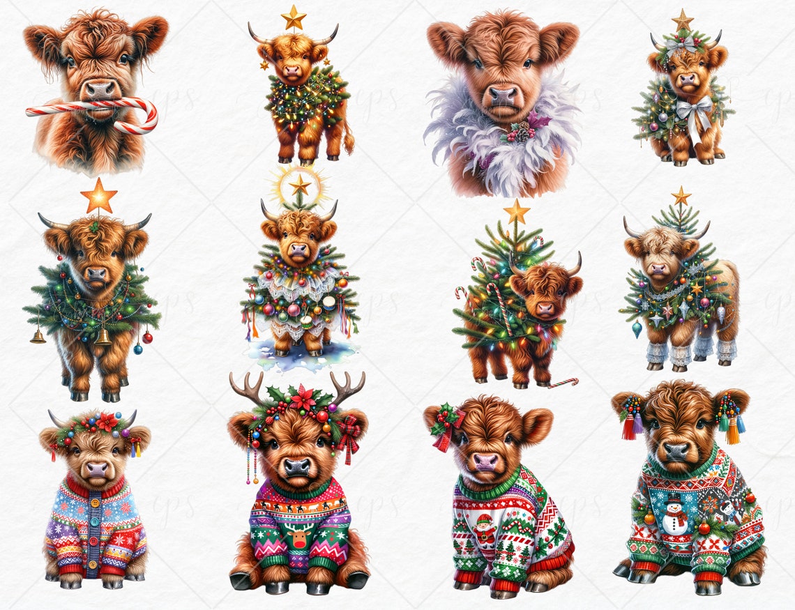 Watercolor Christmas Highland Cows Clipart, XMAS Winter Nursery Bundle ...
