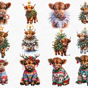 Watercolor Christmas Highland Cows Clipart, XMAS Winter Nursery Bundle ...