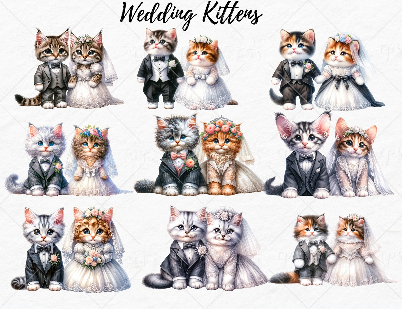 Wedding Cat Watercolor Clipart, Kitten Marriage, Bride and Groom ...