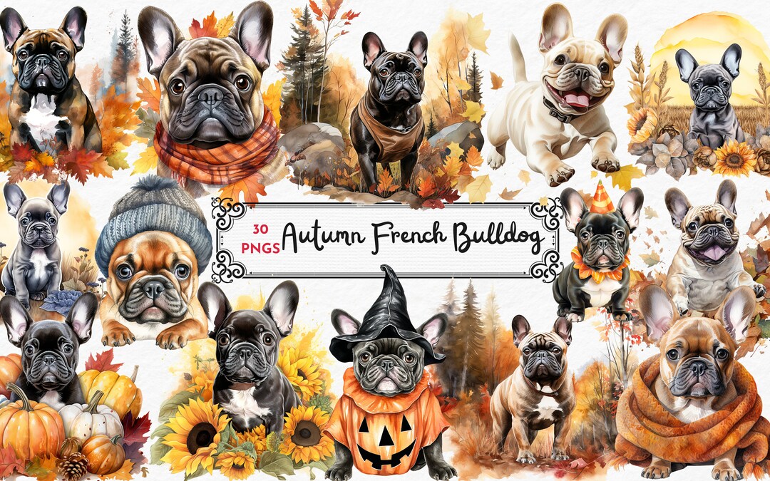 Watercolor French Bulldogs, Autumn French Bulldogs, French Bulldogs ...