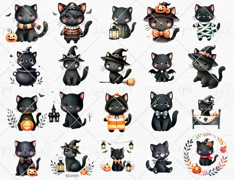 Halloween Cats Watercolor Clipart Bundle - 115 PNG Spooky Cat Images ...