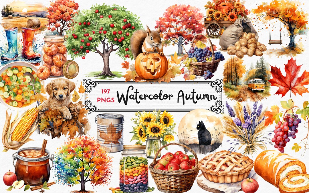 Watercolor Fall Decor Clipart - Autumn Watercolor in PNG Format Instant ...