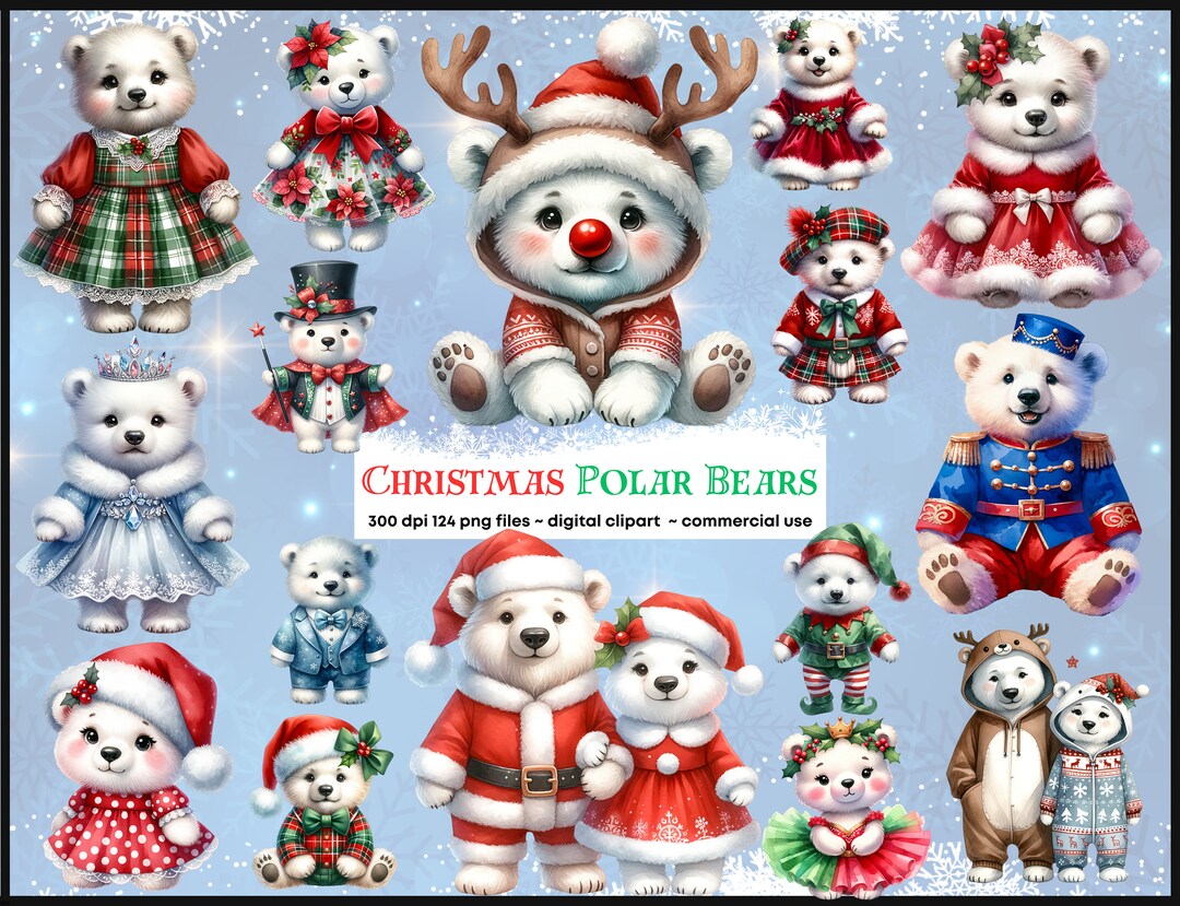 Christmas Polar Bears Clipart - Cute Baby Animals in Outfits, Xmas ...