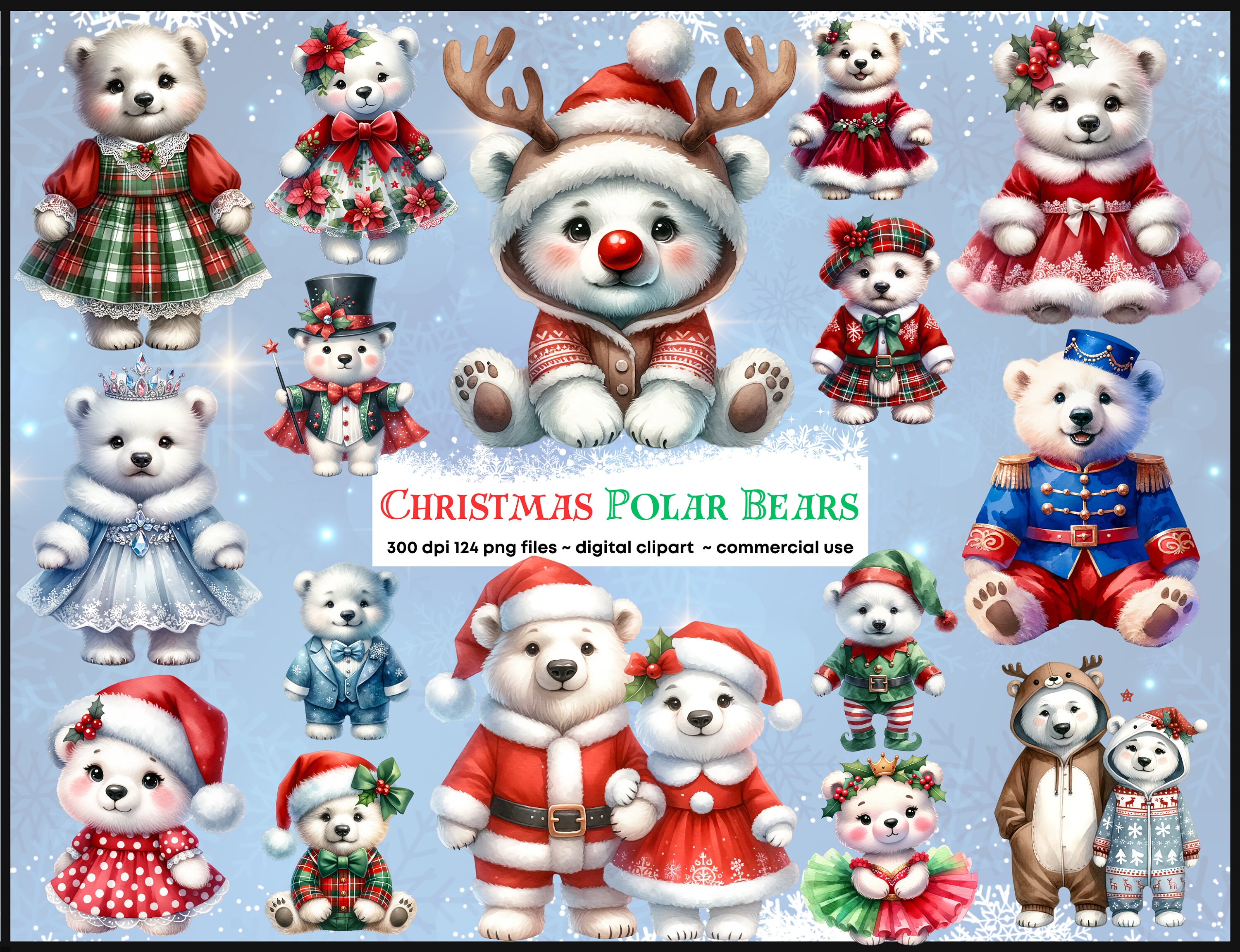 Christmas Polar Bears Clipart Cute Baby Animals in Outfits, Xmas, Santa ...