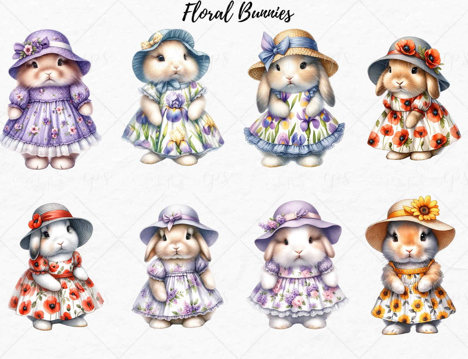 Floral Bunnies in Dresses, Watercolor Clipart Png, Rabbit, Bunny Png ...