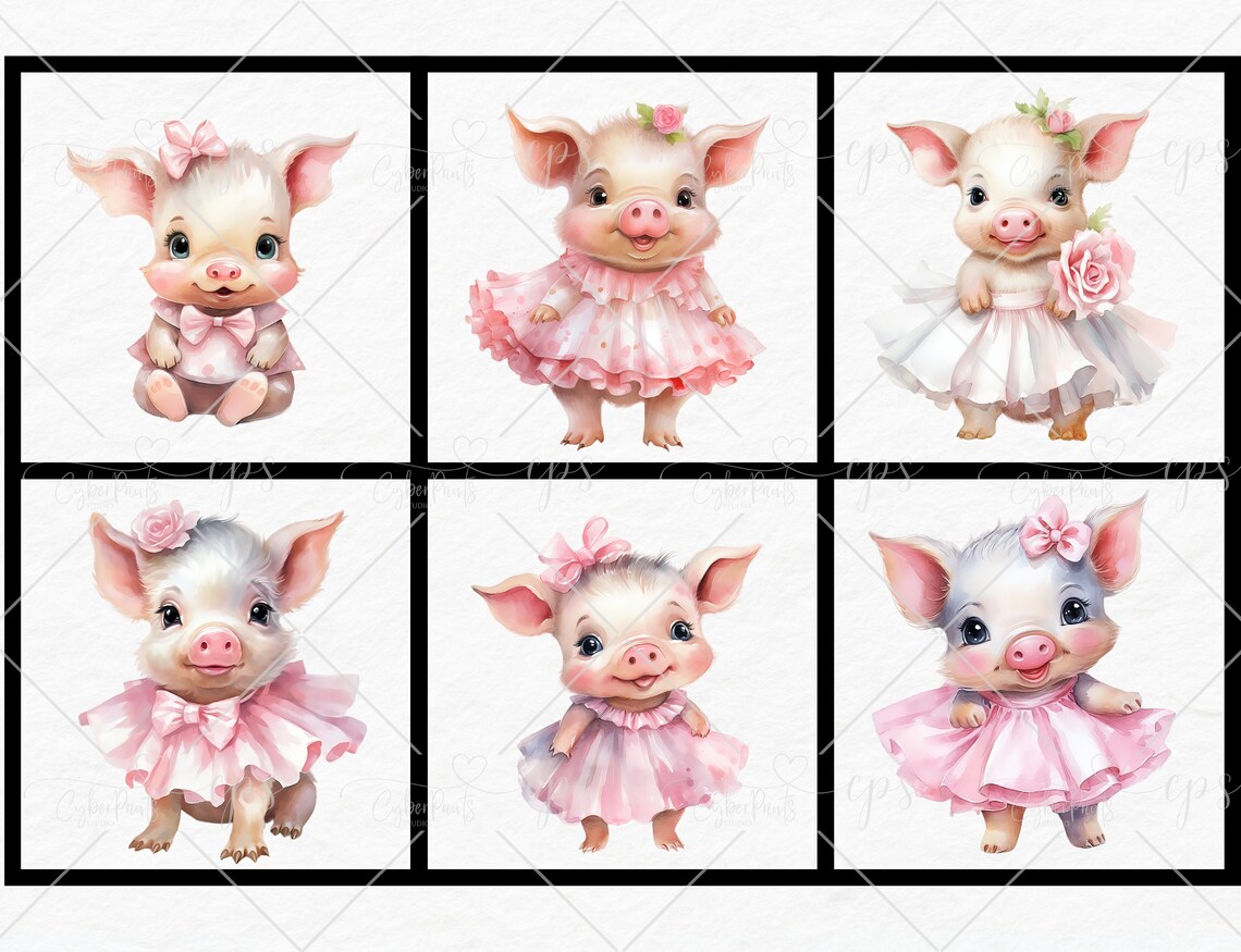Watercolor Pig Clipart, Cute Animal Bundle, Pig in a Dress, Tutu ...