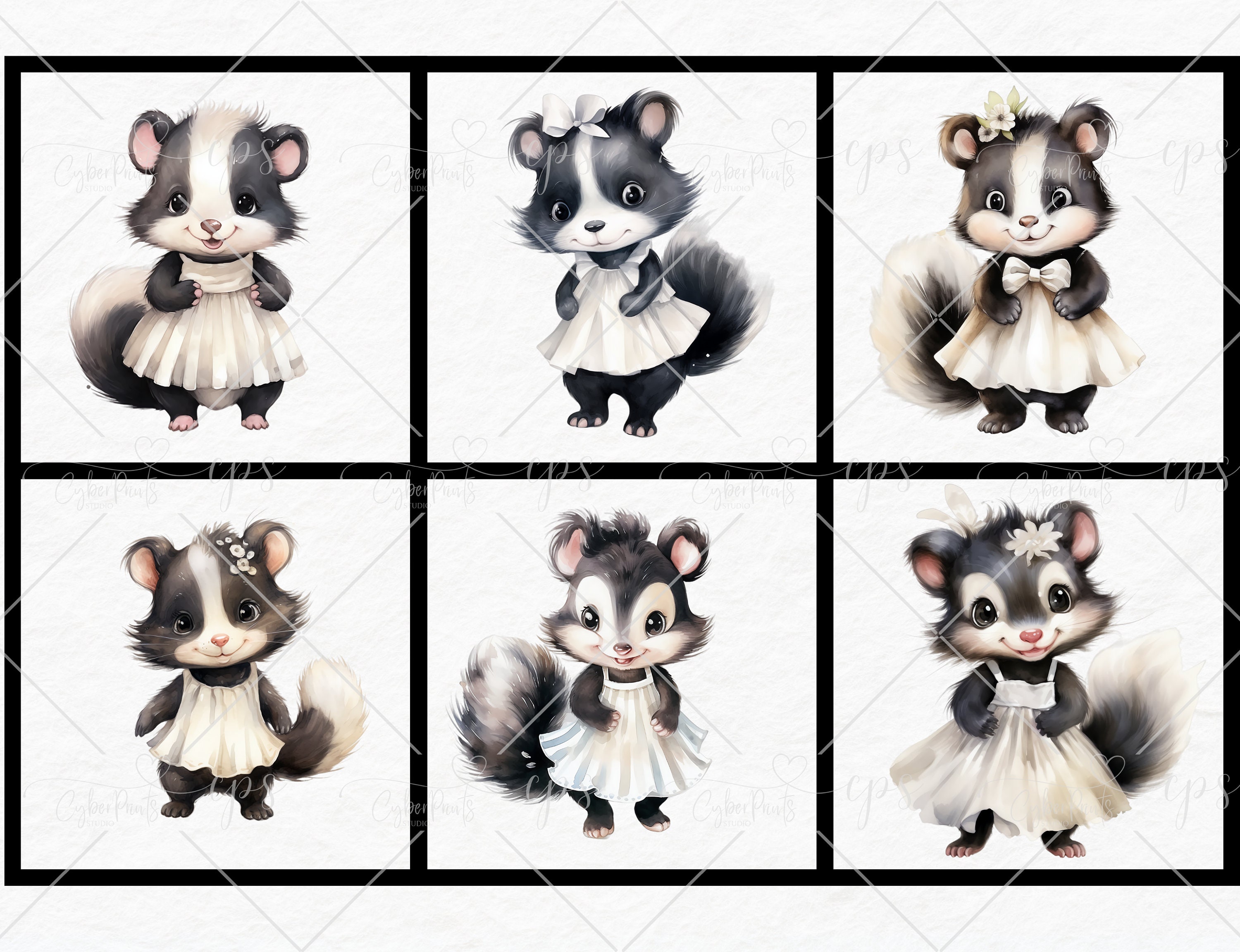 Cute Skunk Watercolor Clipart Skunk Flowers PNG Commercial Use Forest ...