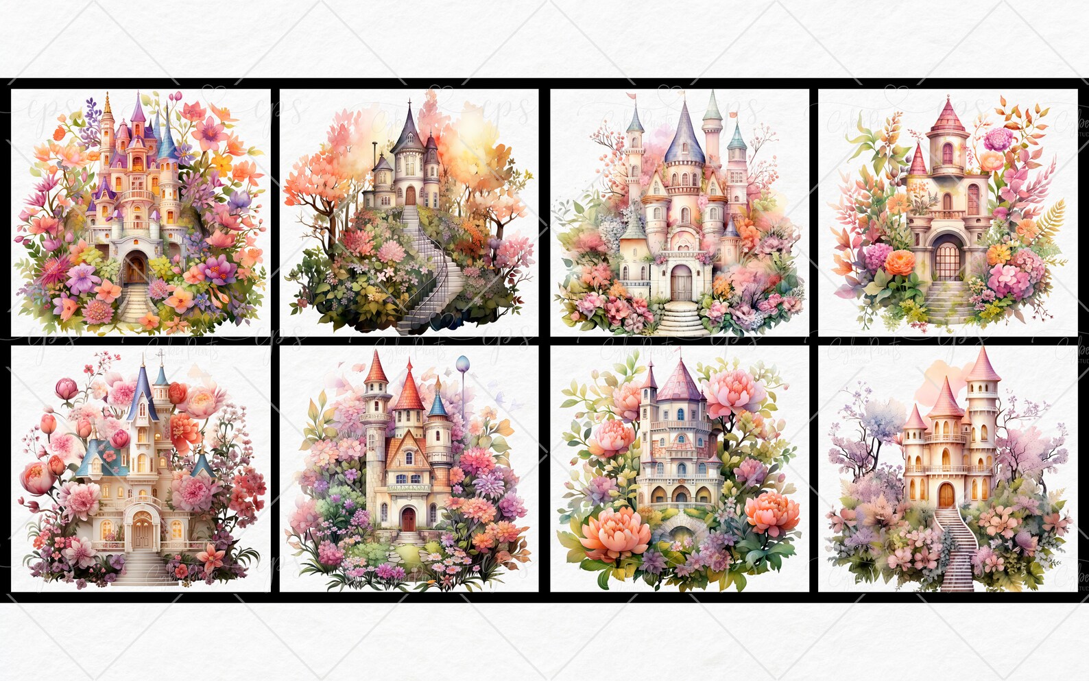 Watercolor Floral Fantasy Castles Clipart Fantasy Castle Night Scenery ...