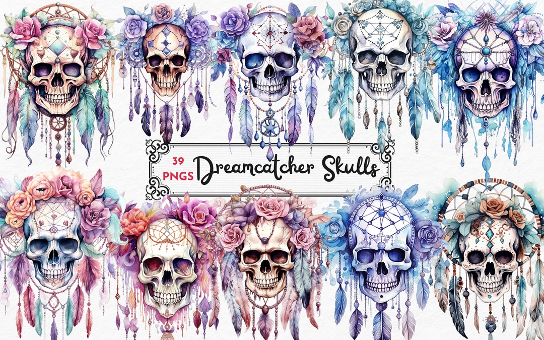 Watercolor Boho Dreamcatcher Skulls, Boho Skulls, Feather Skulls ...