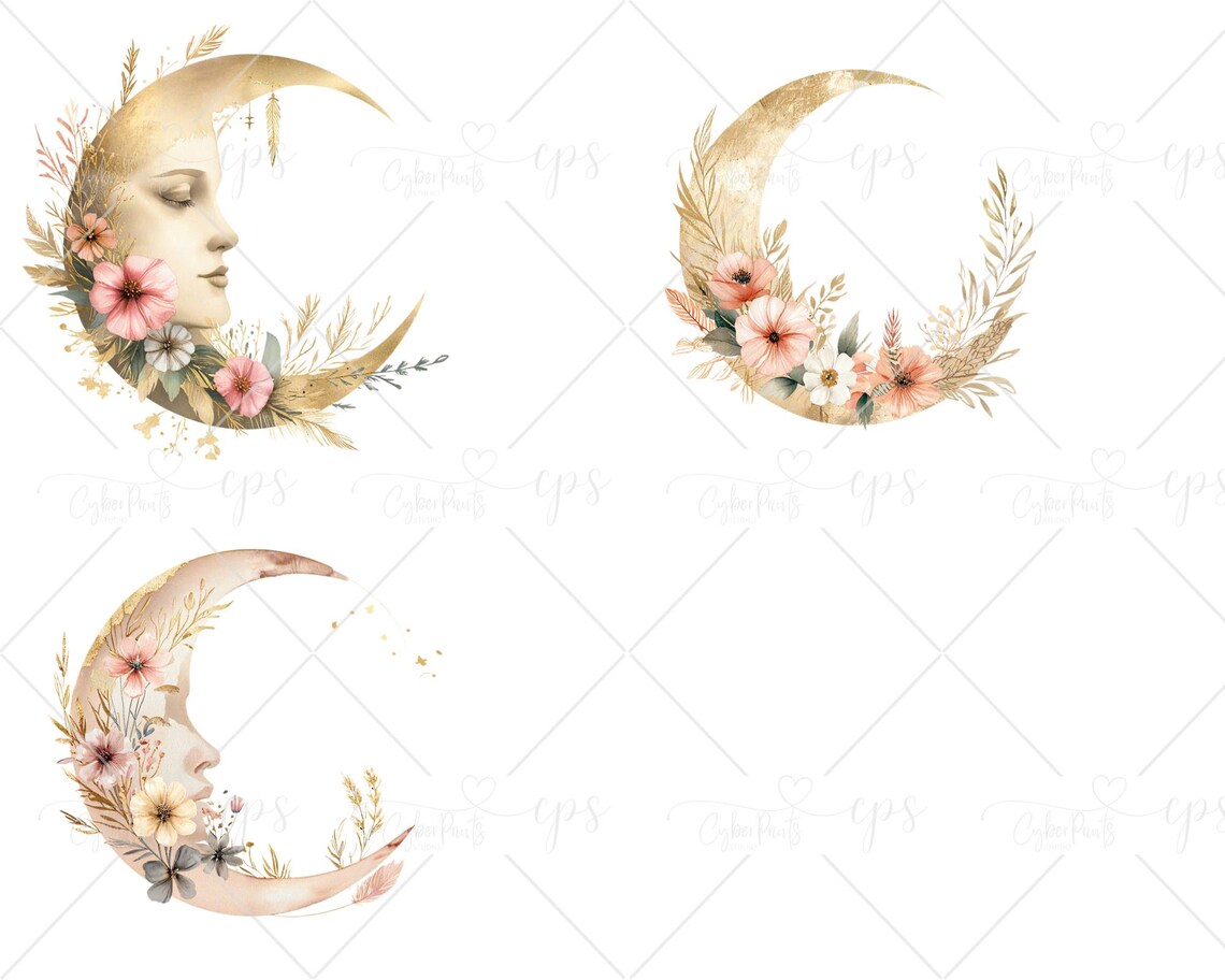 Boho Moon Clipart Bundle - 19 Watercolor PNG Crescent Moons With Floral ...