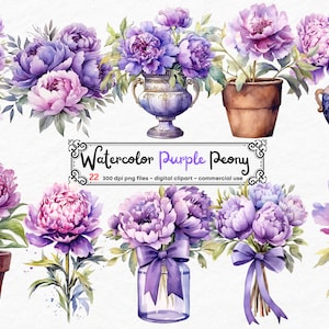 Watercolor Purple Peony Clipart - Peonies in PNG Format Instant ...