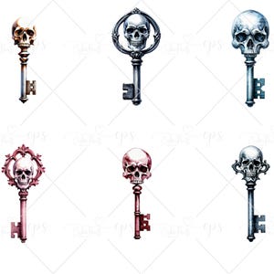 Skull Lock and Key Watercolor Clipart Bundle – Gothic Skeleton Padlocks ...