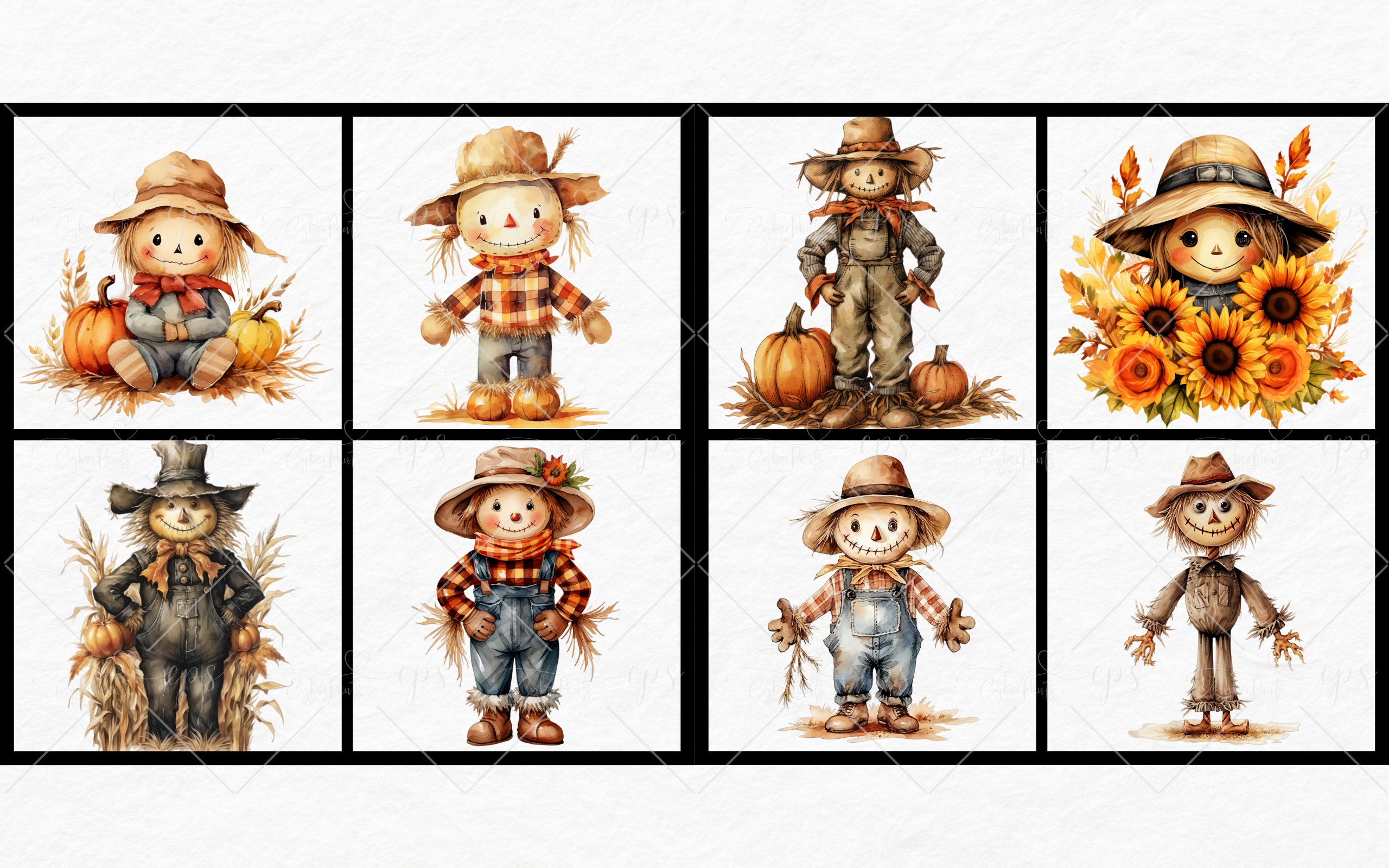 Watercolor Scarecrow Clipart Bundle Halloween PNG Digital Planner ...