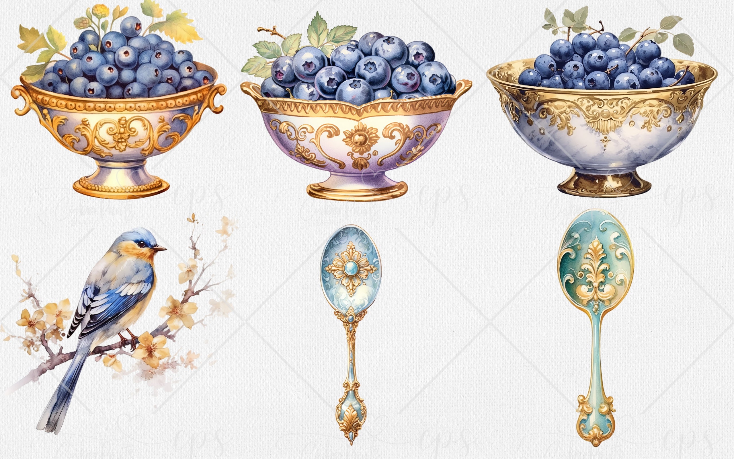 Watercolor Blue Tea Clipart, Light Pastel Blue and Gold Tea Cups ...