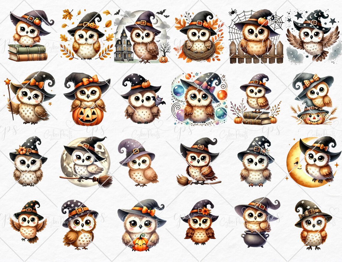 Witch Owls Clipart, Halloween Owl Art, Cute Owl, Fall Digital Art ...