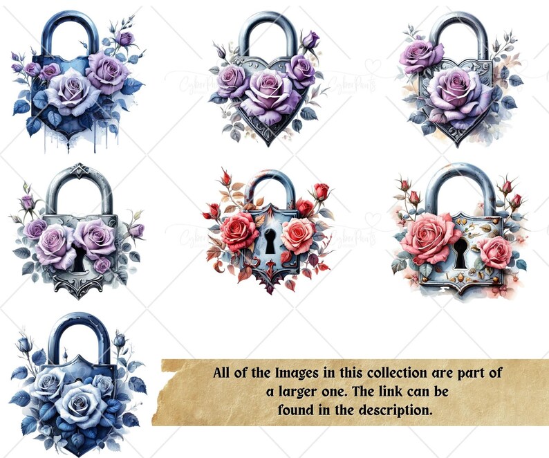 Floral Lock Clipart Bundle - 49 Watercolor Padlock and Rose ...