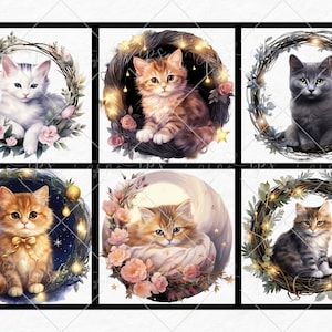 Kitten Floral Wreath Watercolor Clipart Bundle - PNG Sublimation ...