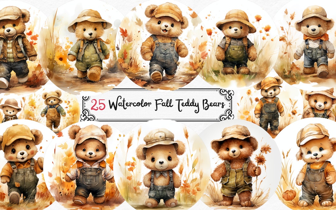 Watercolor Autumn Teddy Bear PNG Clipart Bundle | Teddy Bear Graphics ...