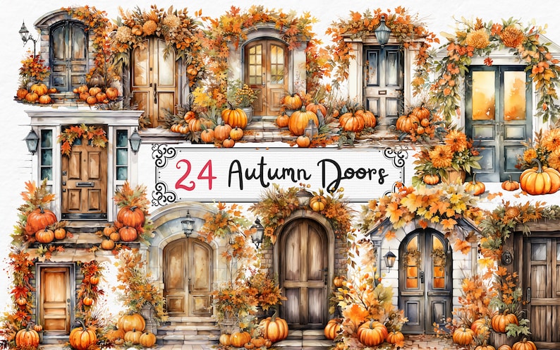 Watercolor Autumn Doors Clipart - Pumpkin Door, Halloween Door, Floral ...