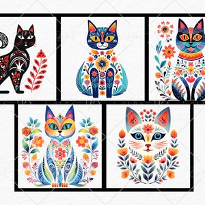 Vibrant Catclipart, Colorful Cat PNG, Detailed Cat, Floral Kitten PNG ...