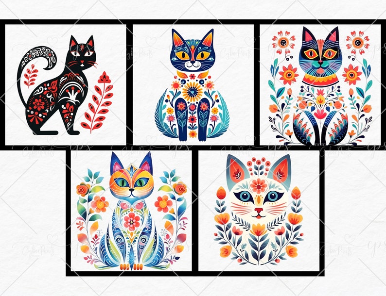 Vibrant Catclipart, Colorful Cat PNG, Detailed Cat, Floral Kitten PNG ...