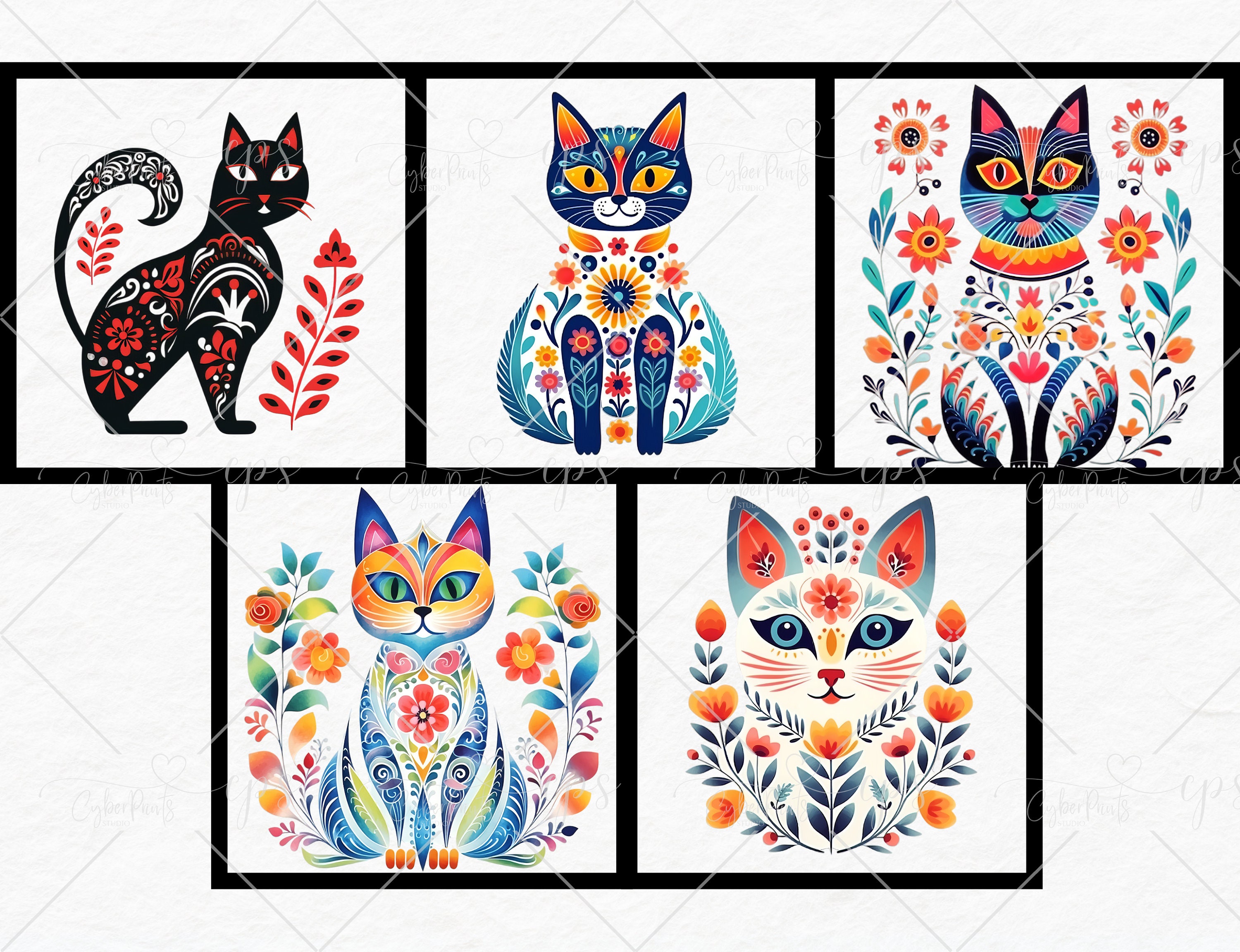 Vibrant Catclipart, Colorful Cat PNG, Detailed Cat, Floral Kitten PNG ...