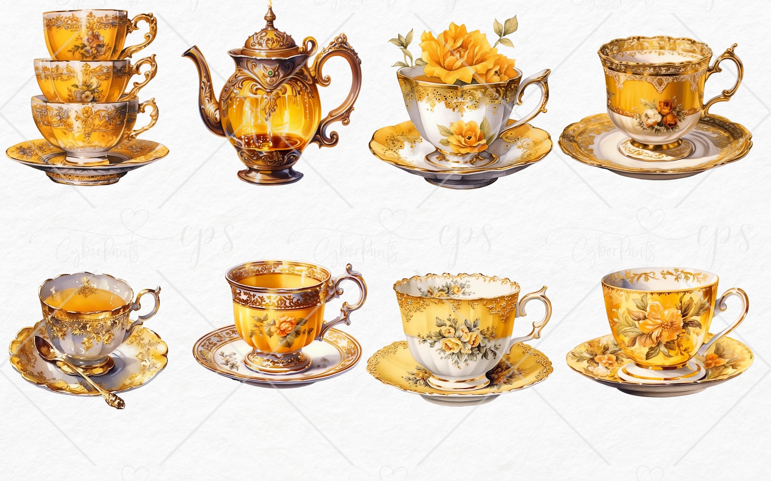 Watercolor Gold Tea Clipart, Honey Gold Tea Cups, Garden Tea Clip Art ...