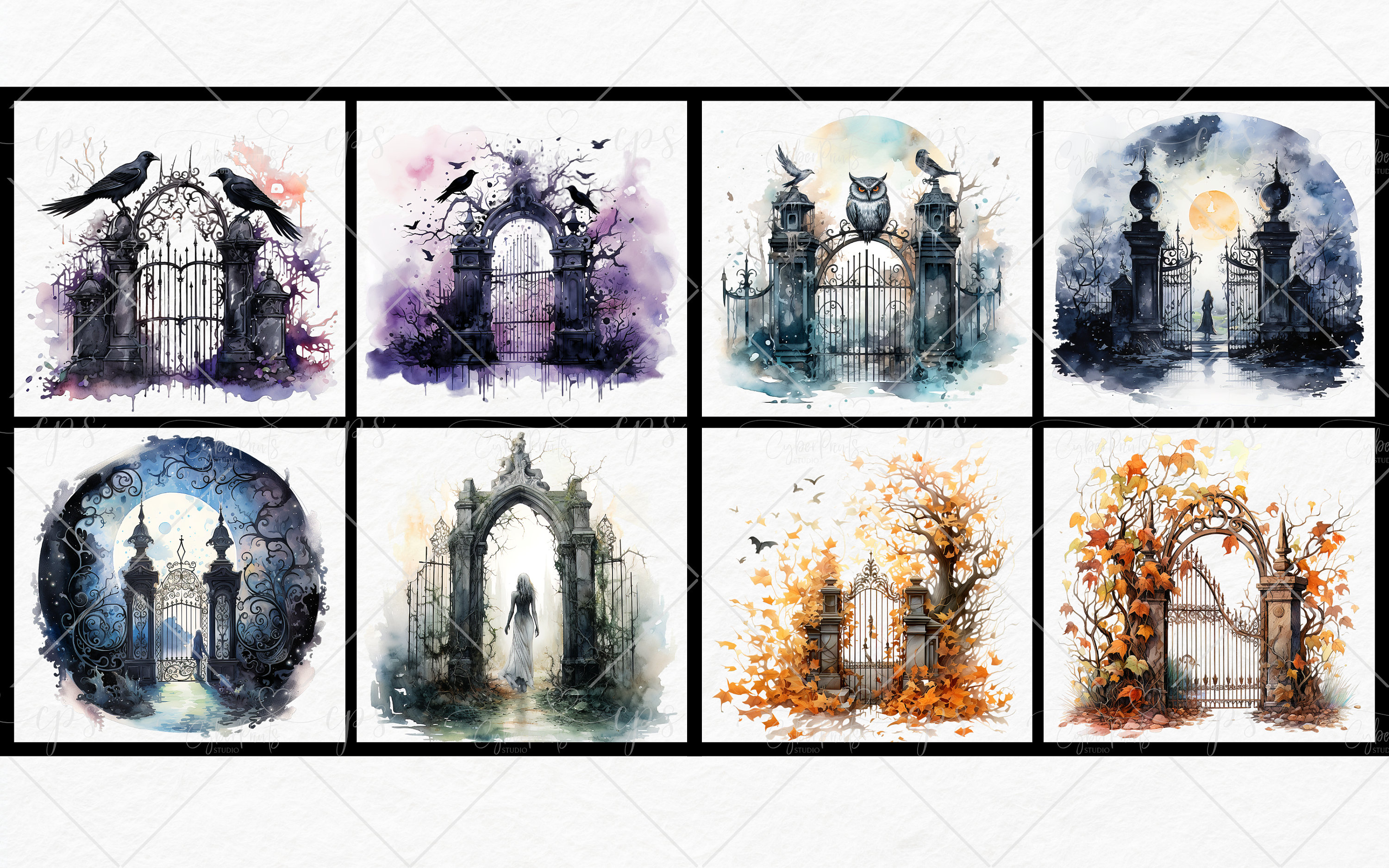 Watercolor Graveyard Gates, Graveyard Clipart, Spoky Gates, Creepy ...