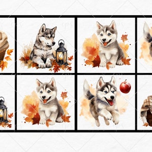 Watercolor Husky in Autumn, Autumn Husky, Fall Husky, Husky Halloween ...