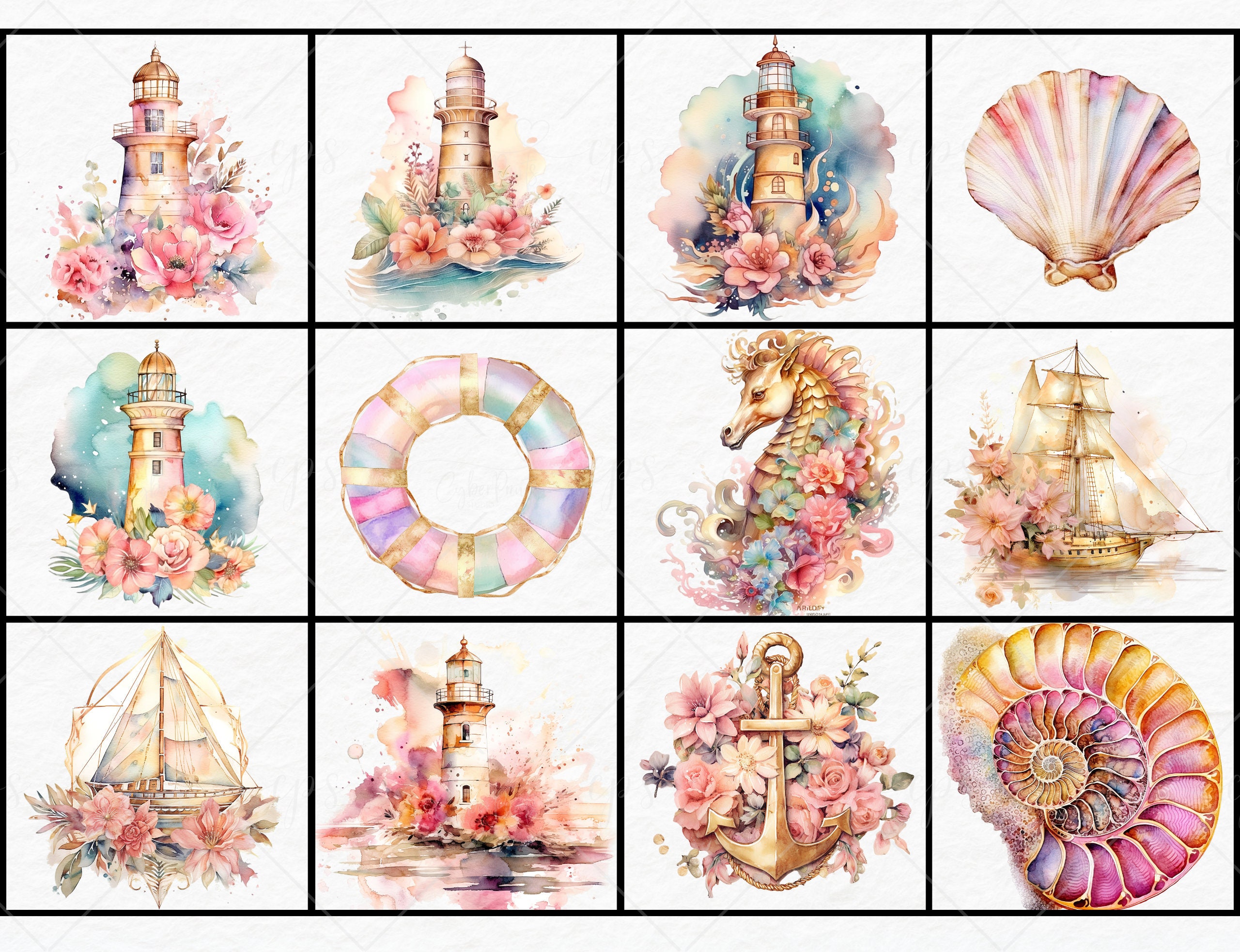 Watercolor Boho Nautical Clipart Ocean Beach Wedding PNG Format Instant ...