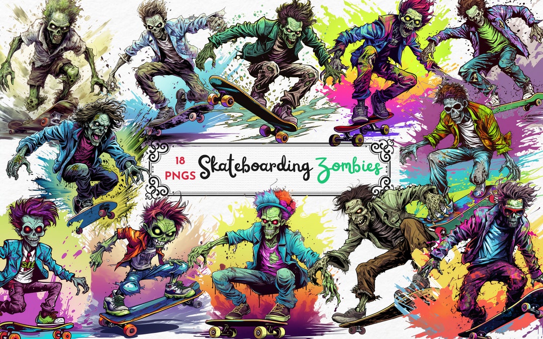Skateboard Zombies Clipart, PNG Zombie Printables, Skateboarding ...