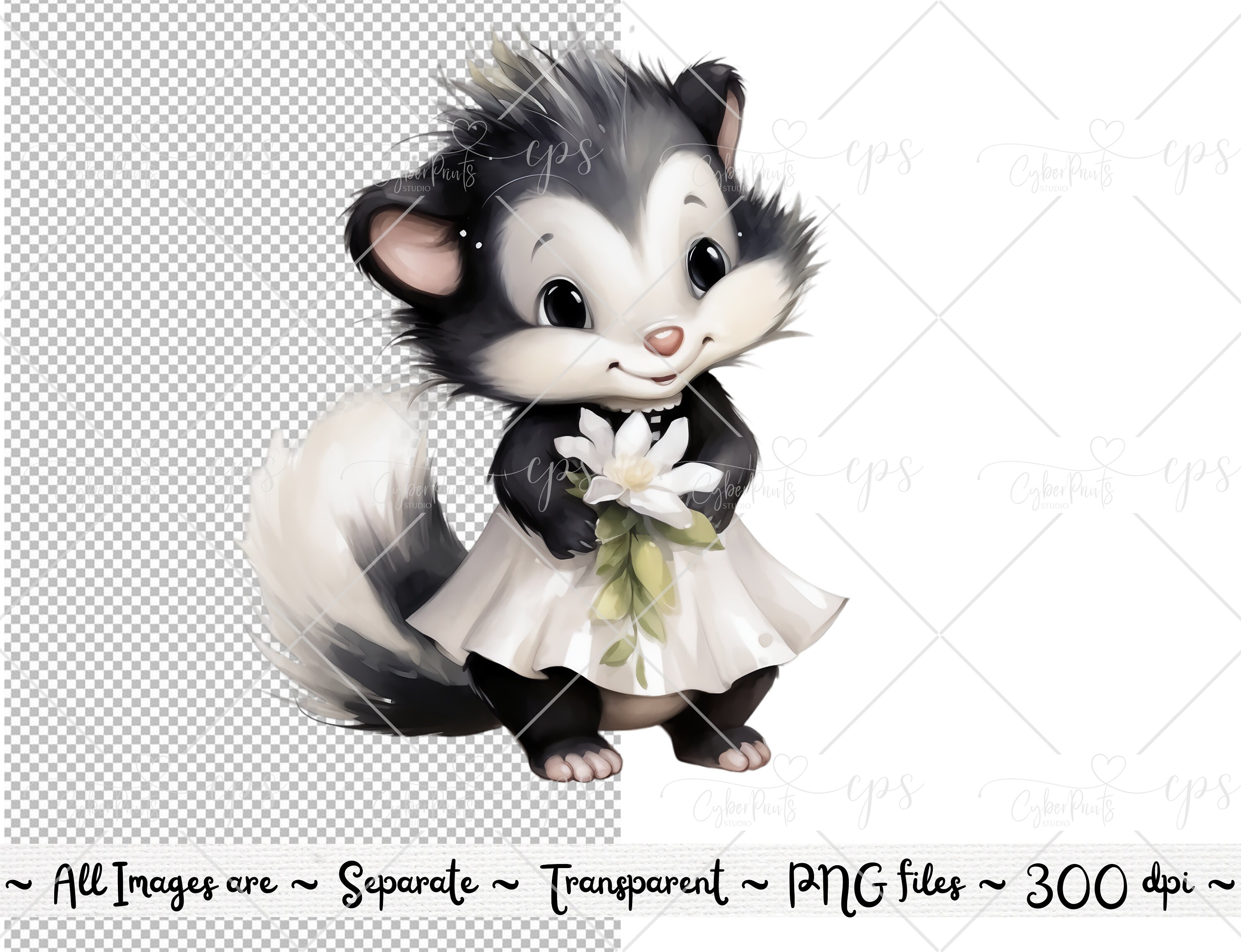 Cute Skunk Watercolor Clipart Skunk Flowers PNG Commercial Use Forest ...