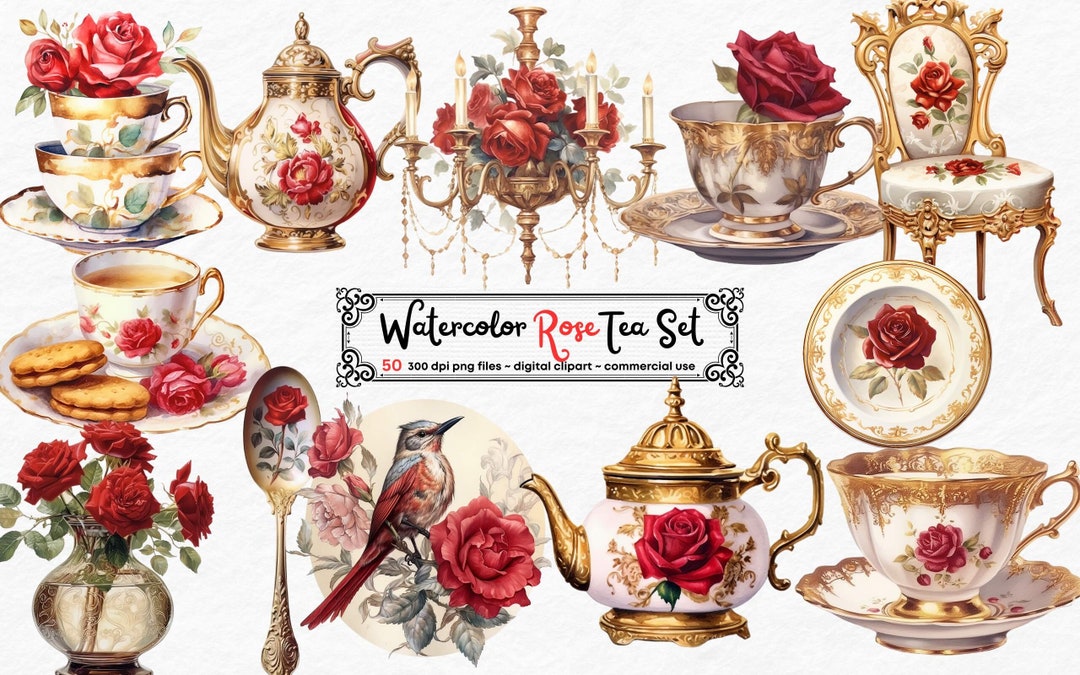 Watercolor Rose Tea Clipart, Rose Tea Cups, Garden Tea Clip Art PNG ...