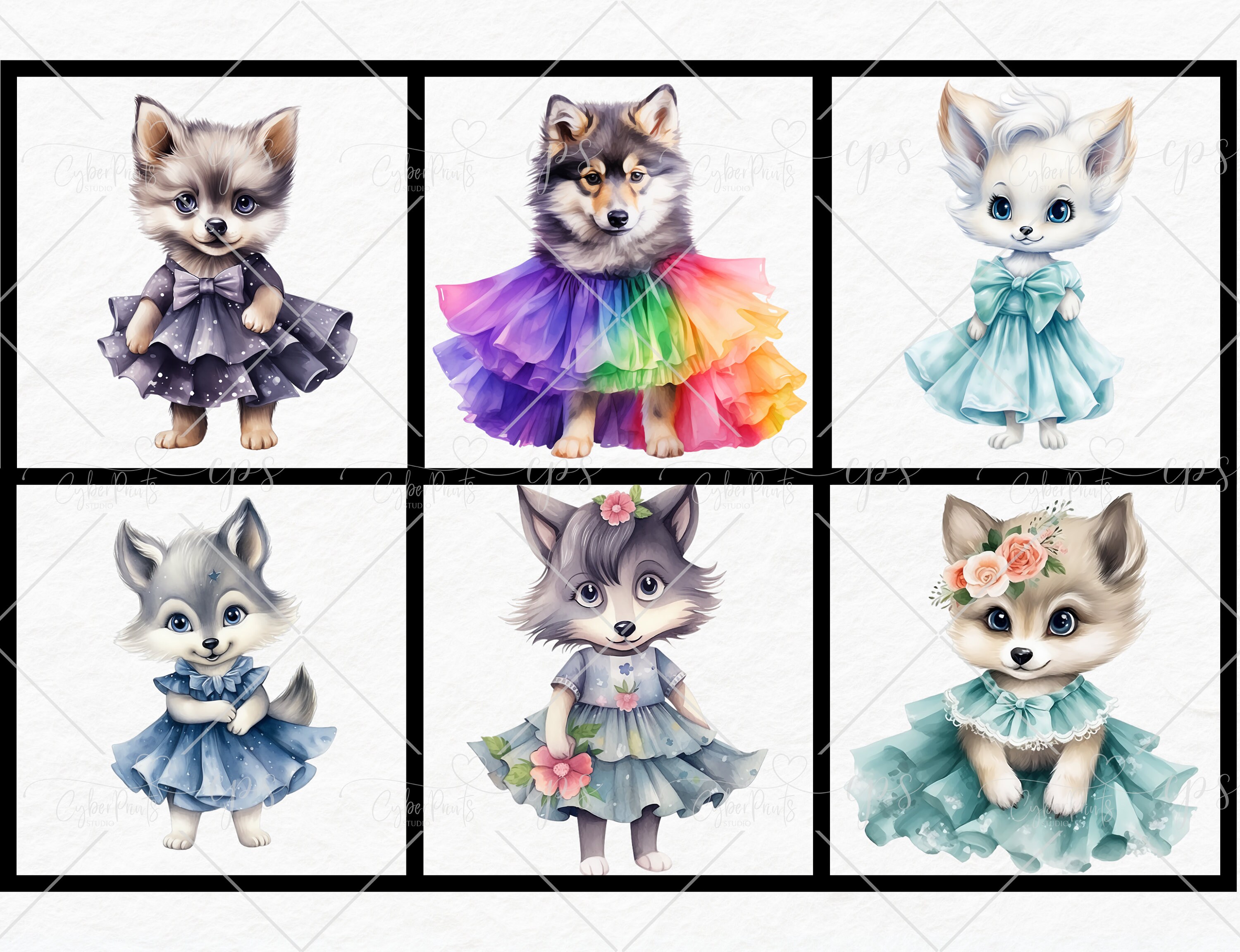 Watercolor Cute Wolf in Dress Clipart, Cartoon PNG, Wolves Clip Art ...