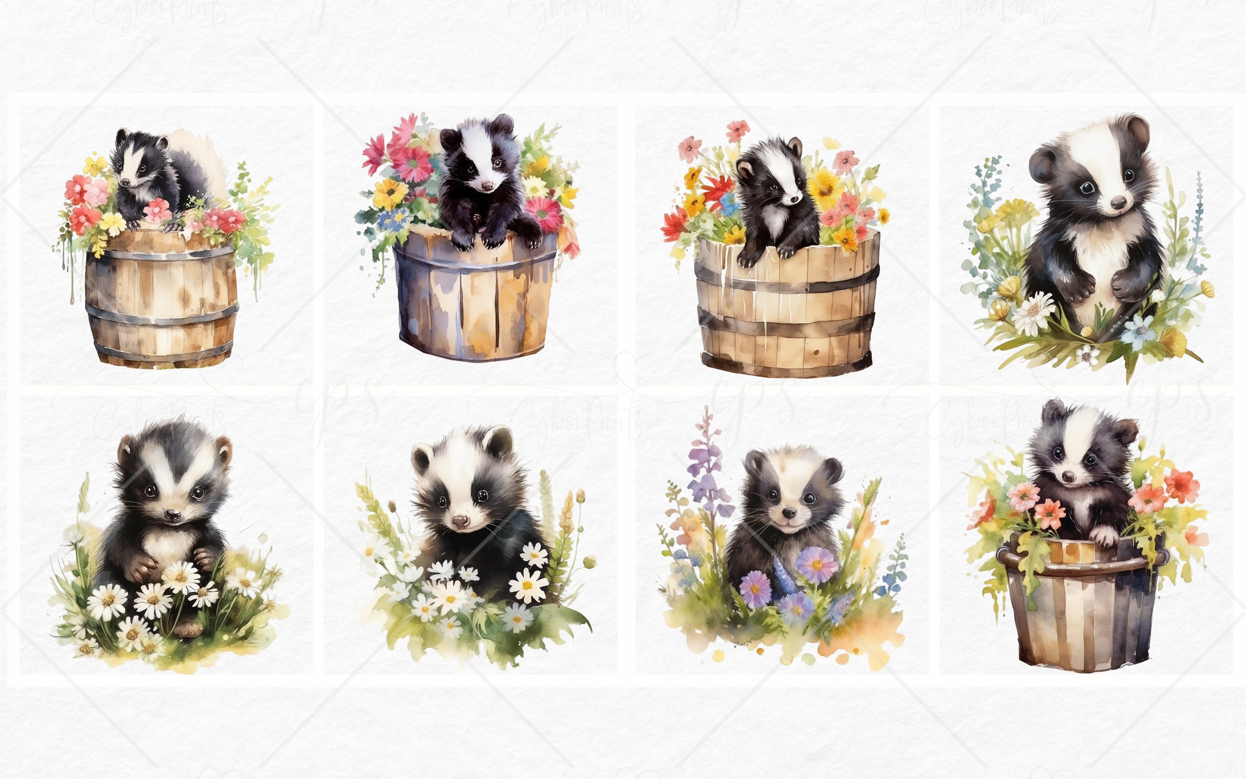 Cute Skunk Watercolor Clipart Skunk Flowers PNG Commercial Use - Etsy