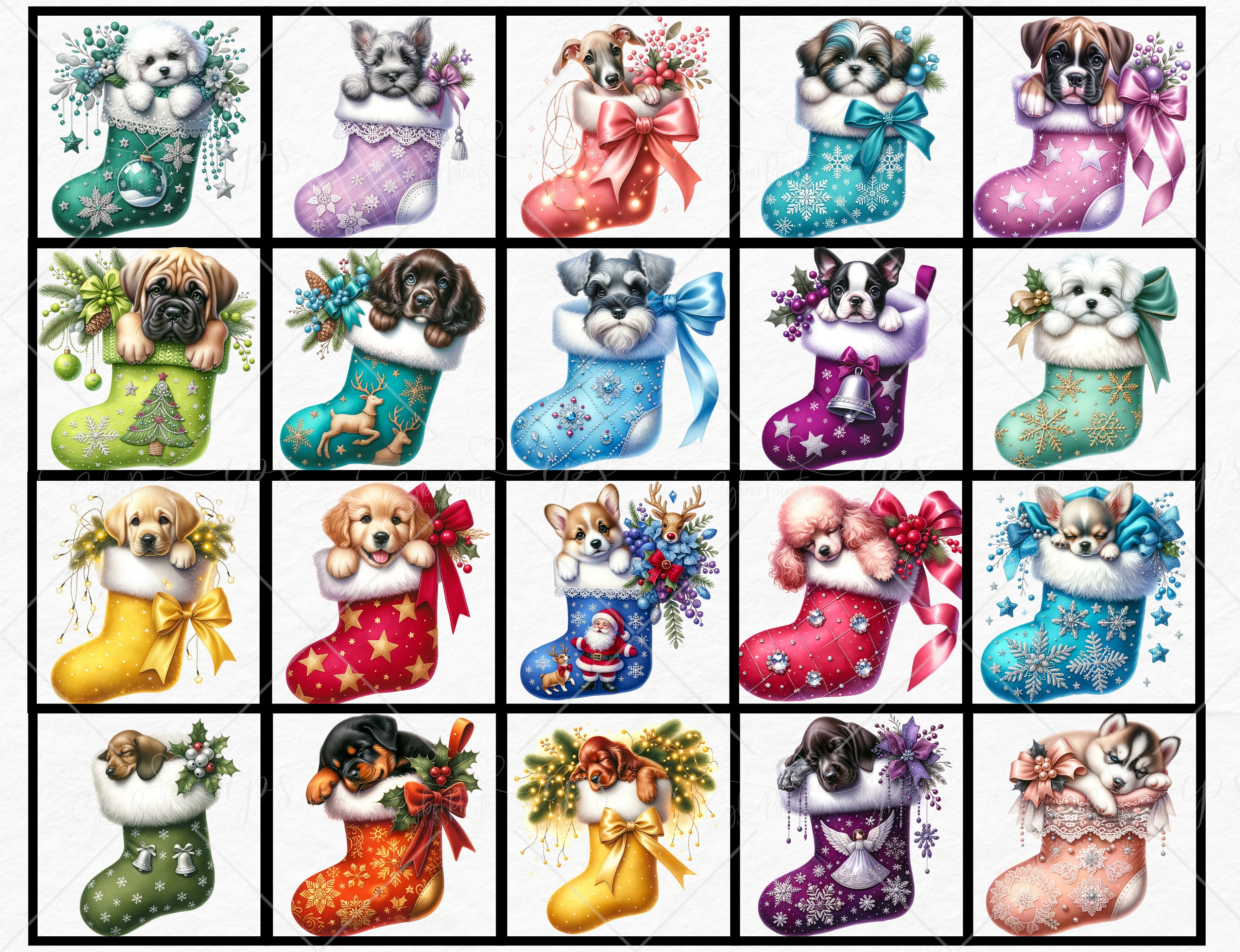 Christmas Puppy Stocking, Cute Watercolor Dog Clipart, Holiday, Festive ...